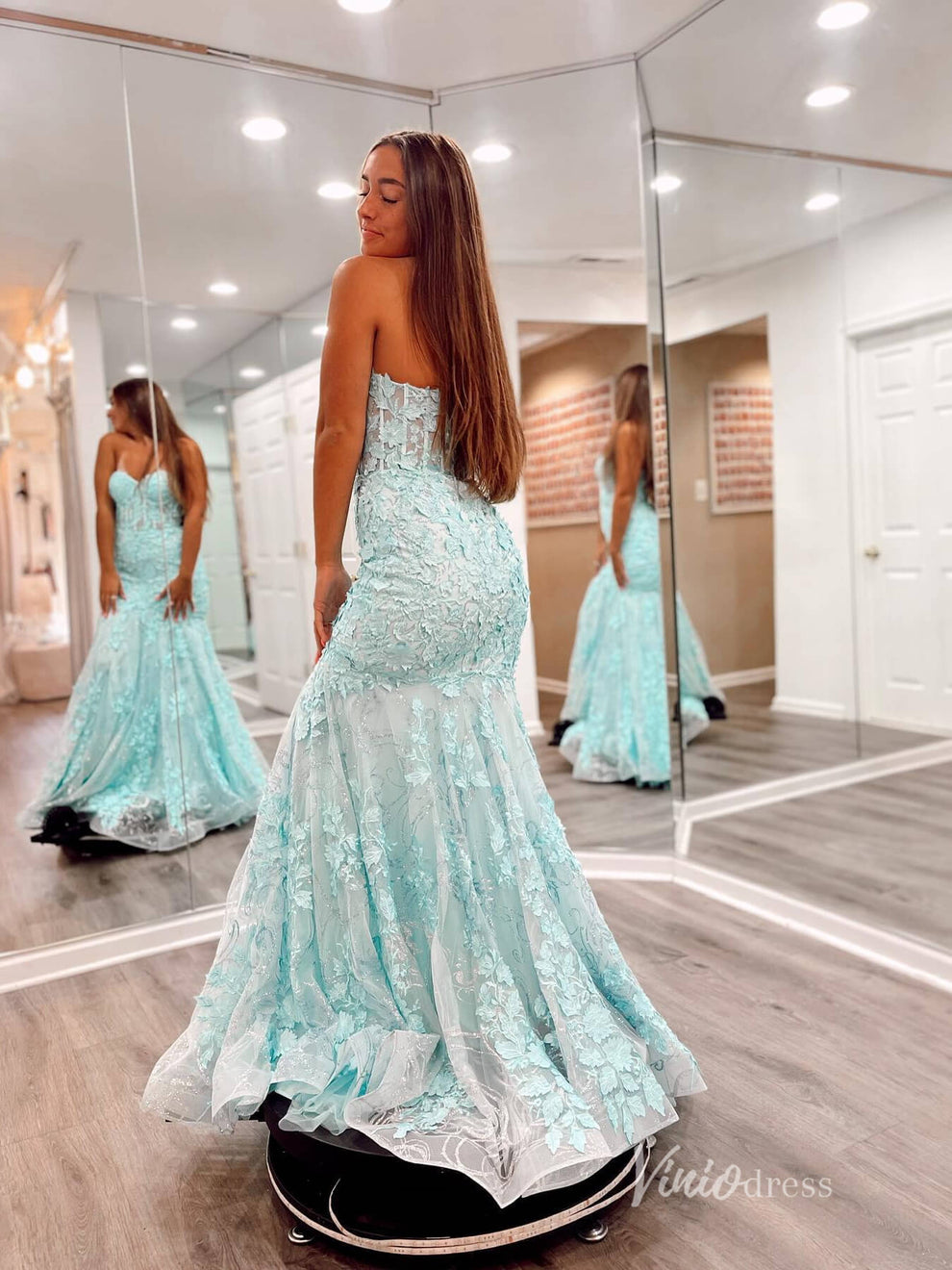 Aqua Lace Applique Mermaid Prom Dresses Strapless Evening Dress FD2684 ...