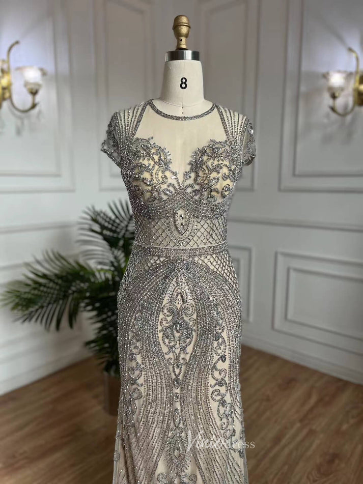 Beaded Grey 1920s Evening Dresses Cap Sleeve Prom Dress 20062 – Viniodress
