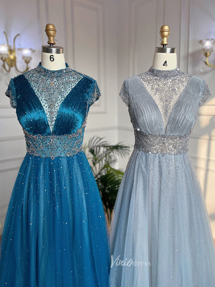 Beaded High Neck Mother of the Bride Dresses Cap Sleeve 20042 – Viniodress