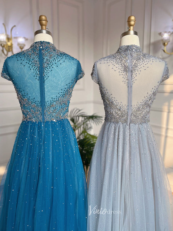 Beaded High Neck Mother of the Bride Dresses Cap Sleeve 20042 – Viniodress