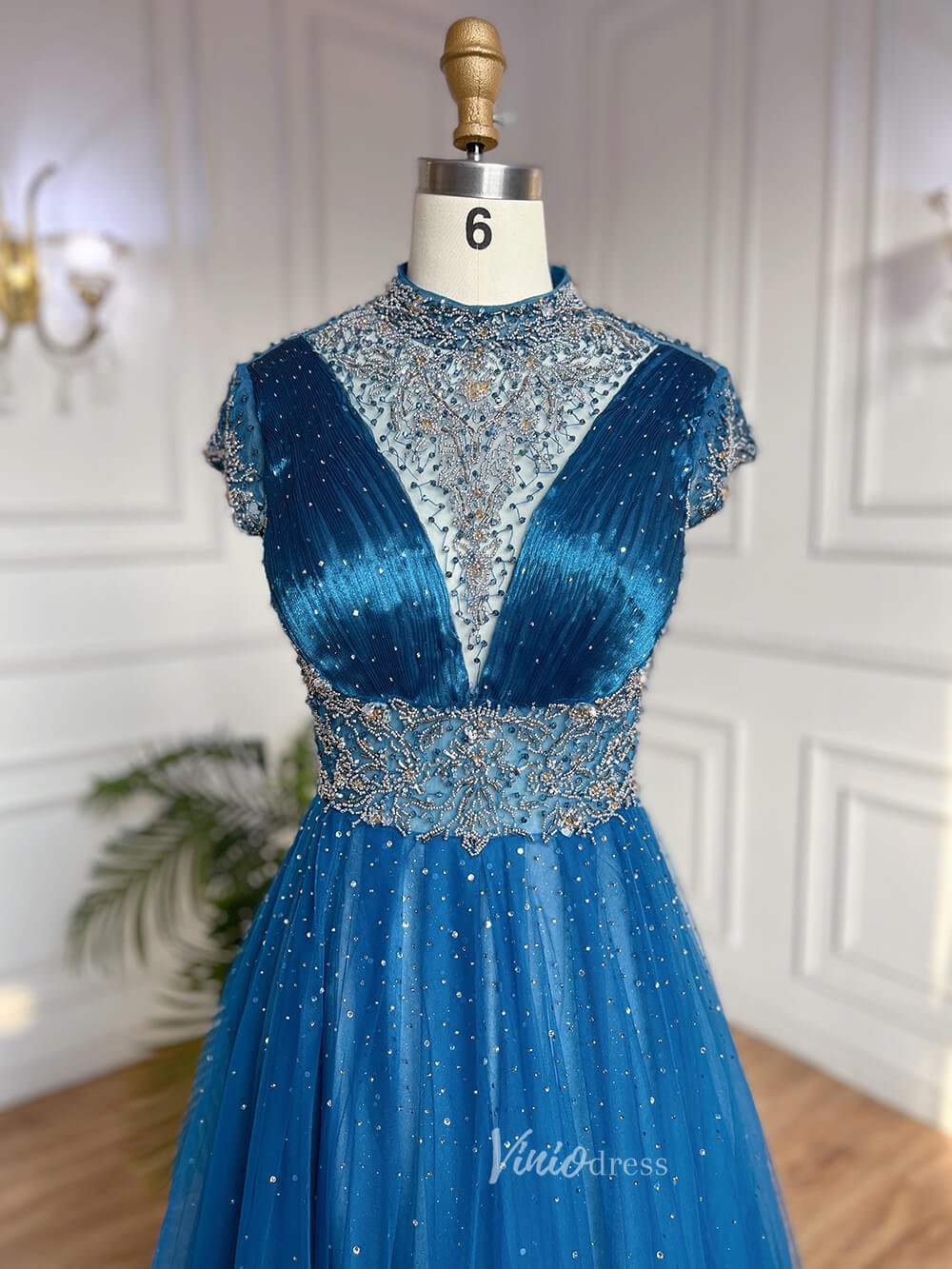 Beaded High Neck Mother of the Bride Dresses Cap Sleeve 20042 – Viniodress
