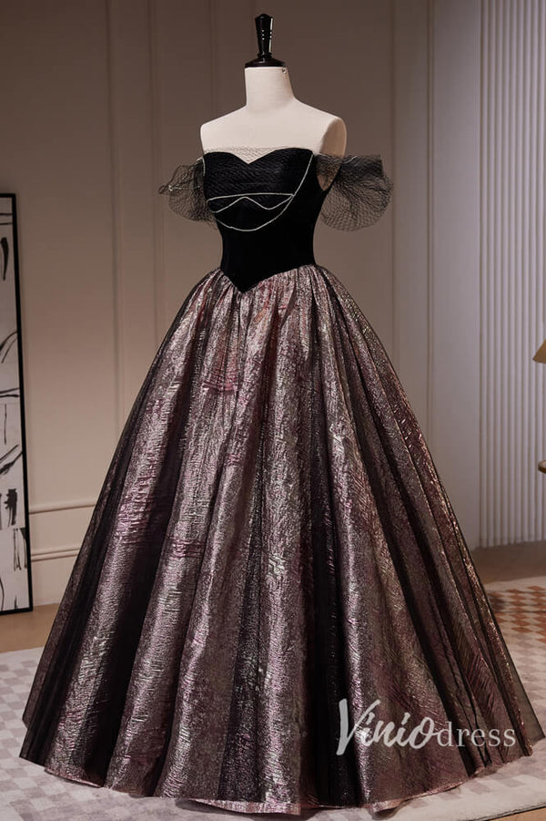 Black Jacquard Satin Prom Dresses Off the Shoulder Formal Dress AD1049 ...