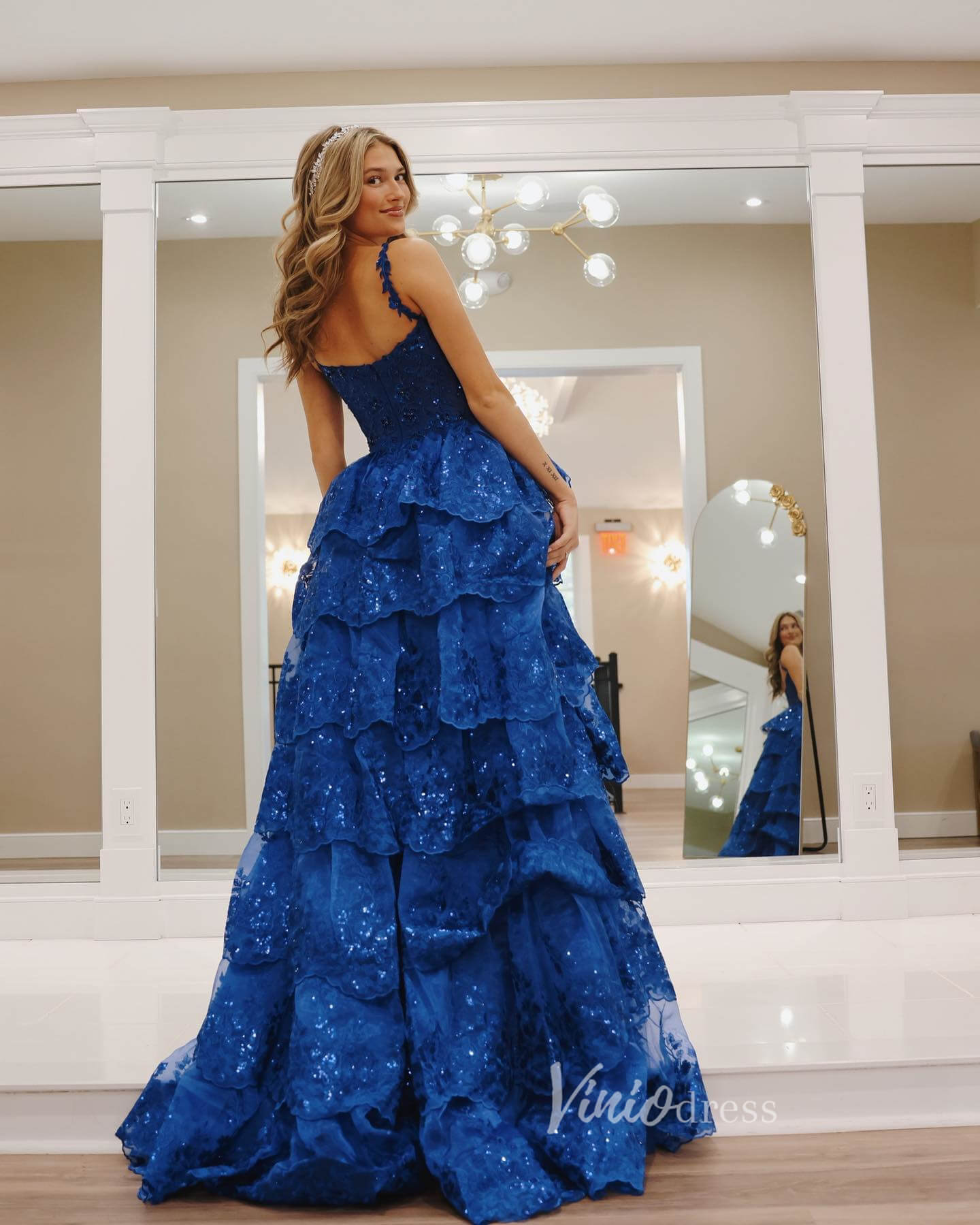 Blue Tiered Lace Prom Dresses with Slit and Straps FD3636B – Viniodress
