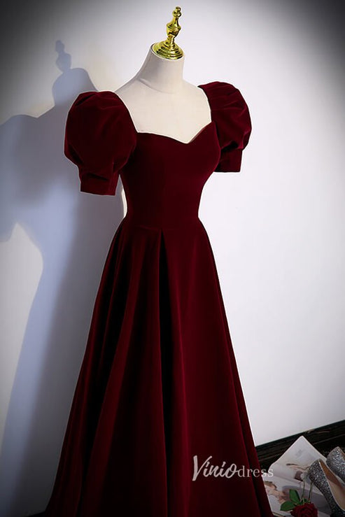 Burgundy Velvet Prom Dresses Puffed Sleeve Formal Dress AD1027 – Viniodress