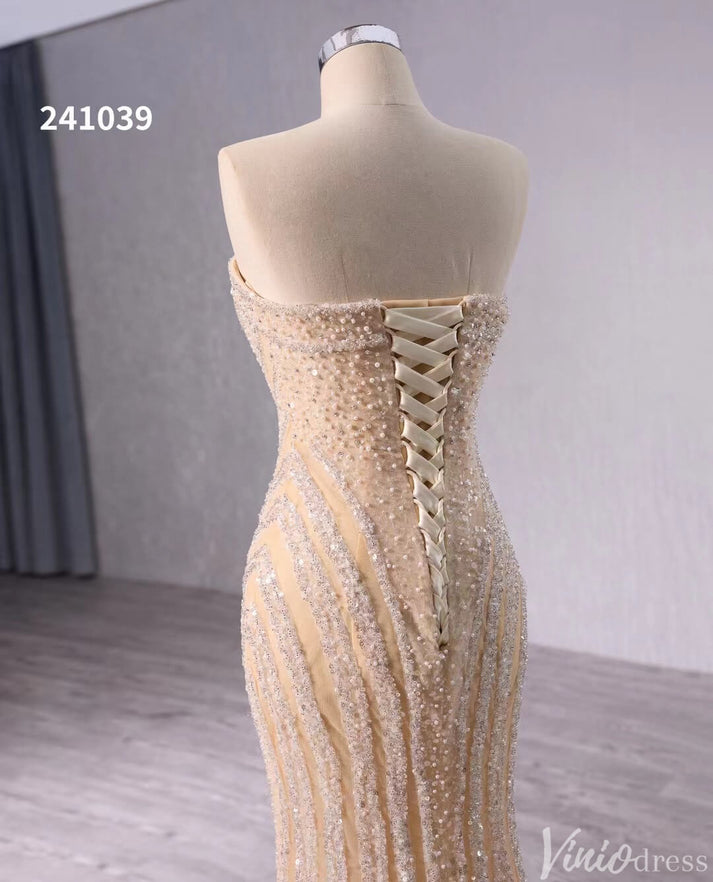 Champagne Beaded Mermaid Wedding Gown Strapless Bridal Dress 241039 – Viniodress