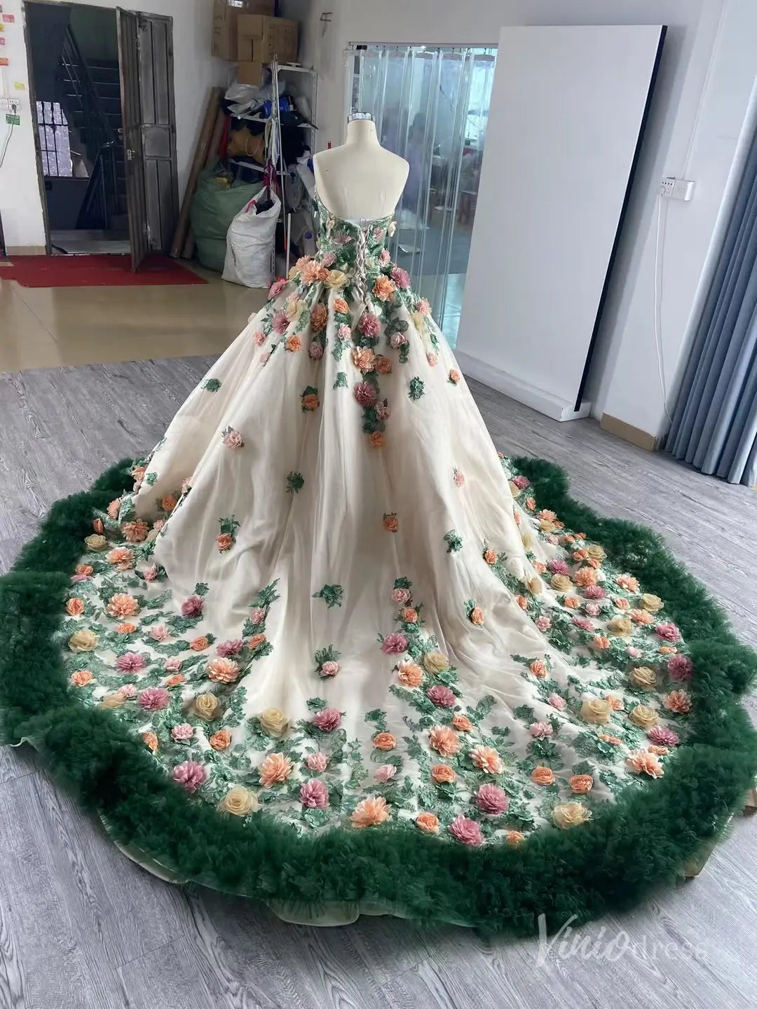 Colorful Meadow Wedding Dress | Green Gala Gown with Corset Back 24106 ...