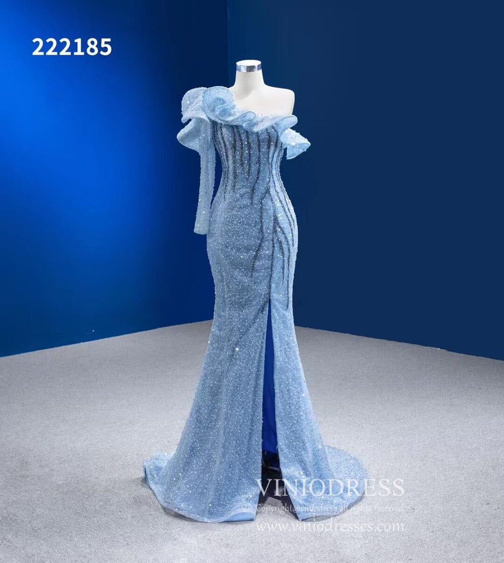 Dusty Blue Pageant Dress One Shoulder Long Sleeve Mermaid Formal Eveni ...