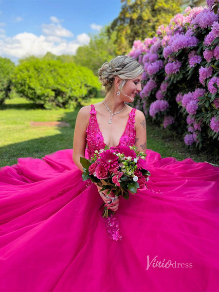 Fuchsia Tulle Prom Dresses 3D Floral Appliqued Ball Gowns FD2940C ...