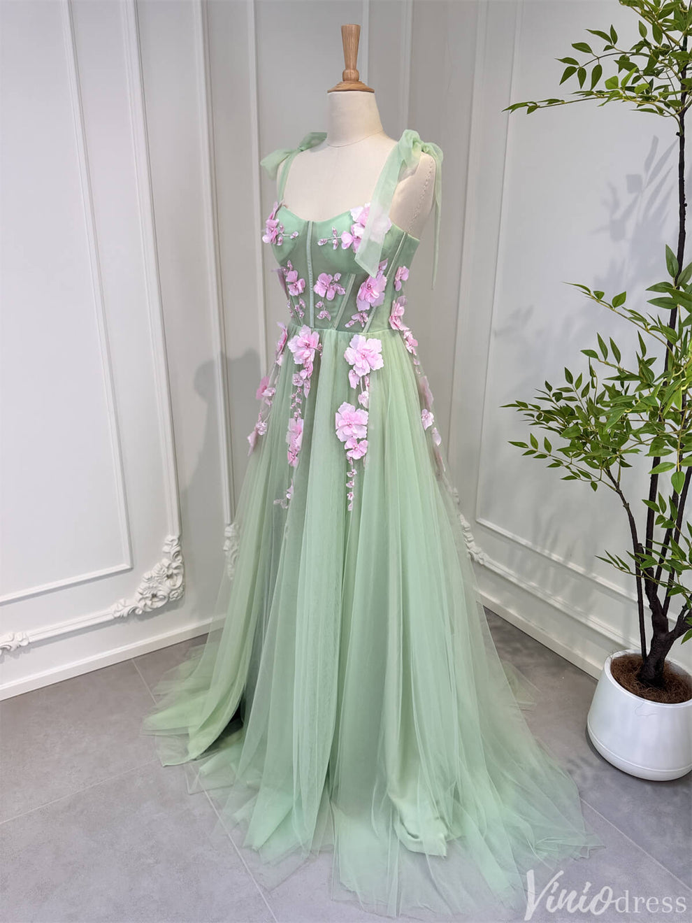 Light Green Tulle Prom Dresses with Pink Flowers Floral Evening Dress ...