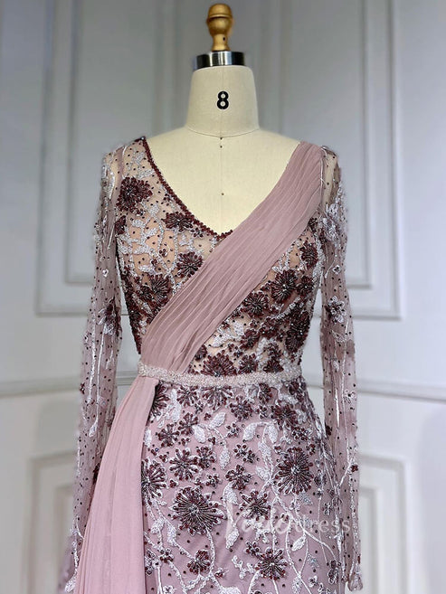 Modest Long Sleeve Evening Dresses Beaded Lace Prom Dress with Chiffon ...