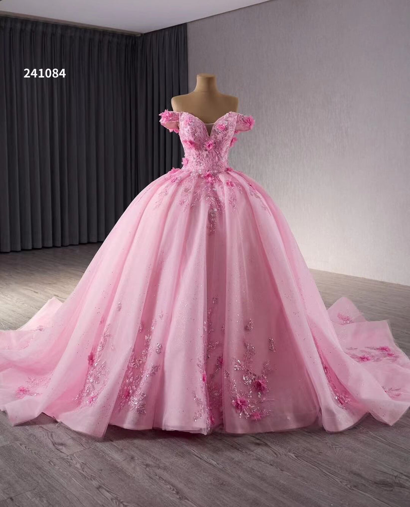 Pink Sparkly Lace Applique Wedding Gowns Off the Shoulder 3D Flower Qu ...