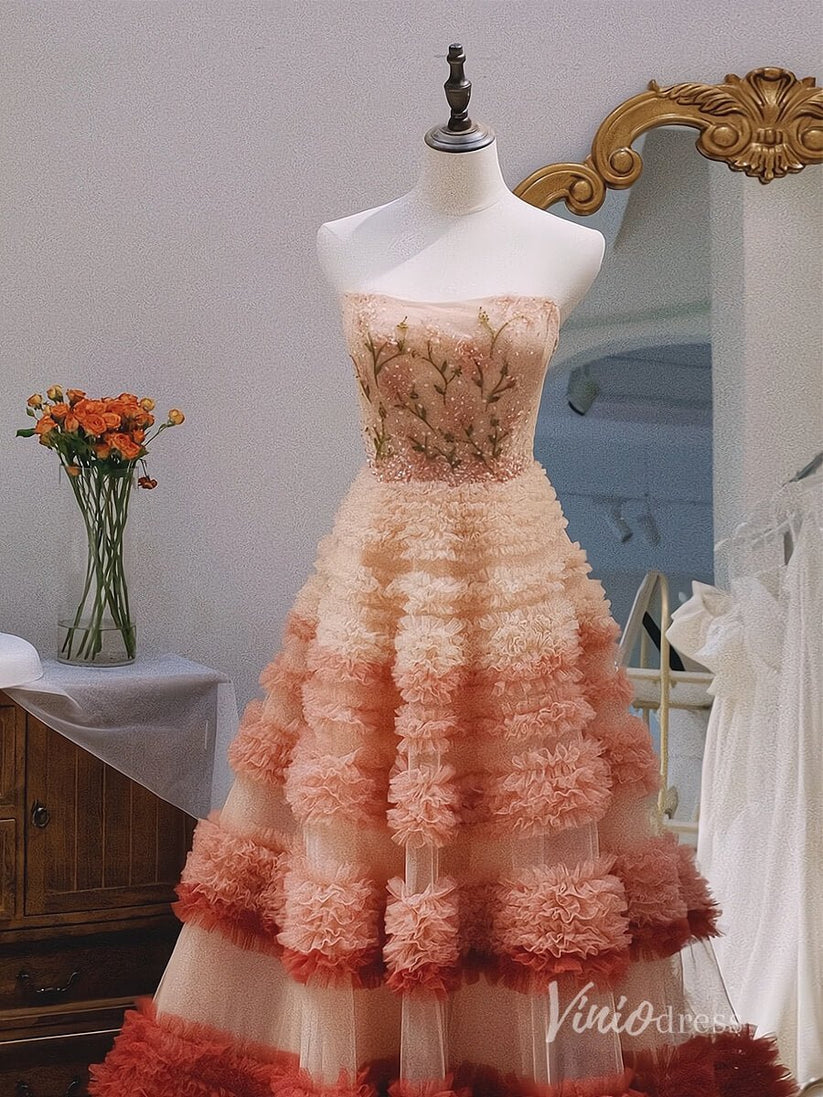 Radiant Tiered Prom Dresses Strapless Beaded Lace Applique Formal Dres ...