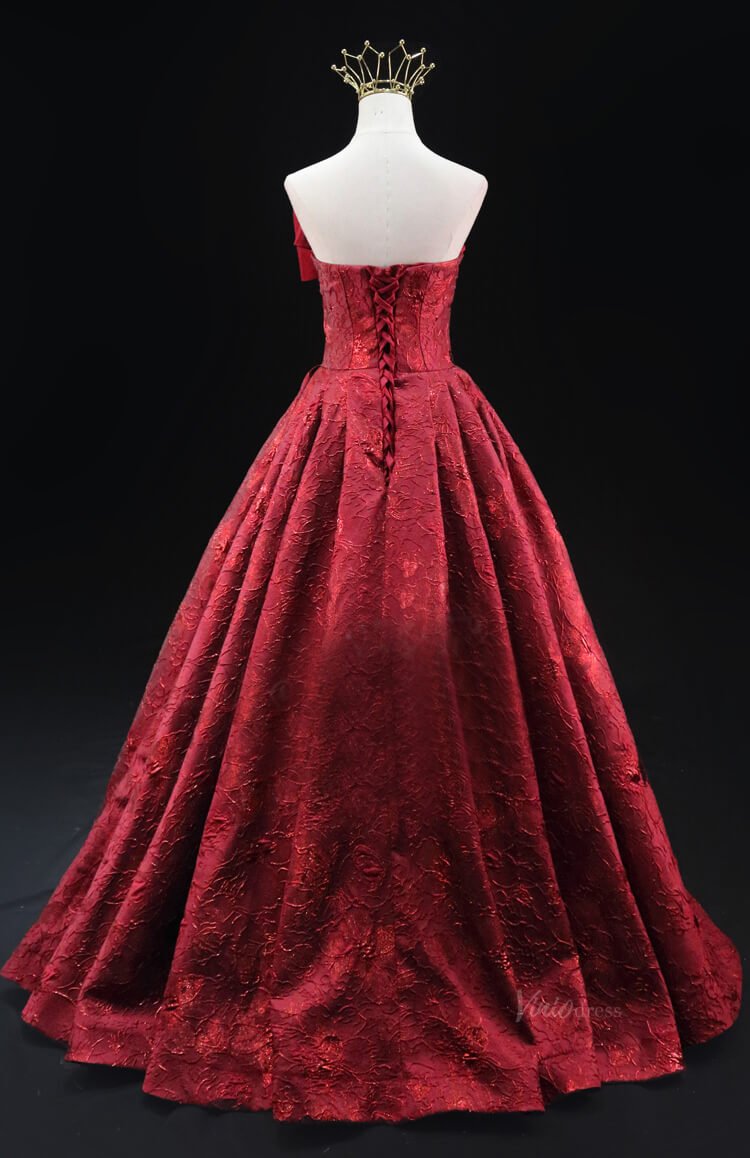 Red Jacquard Prom Dresses with Bow, Corset Back, Strapless Quinceanera – Viniodress