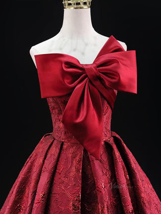 Red Jacquard Prom Dresses with Bow, Corset Back, Strapless Quinceanera – Viniodress