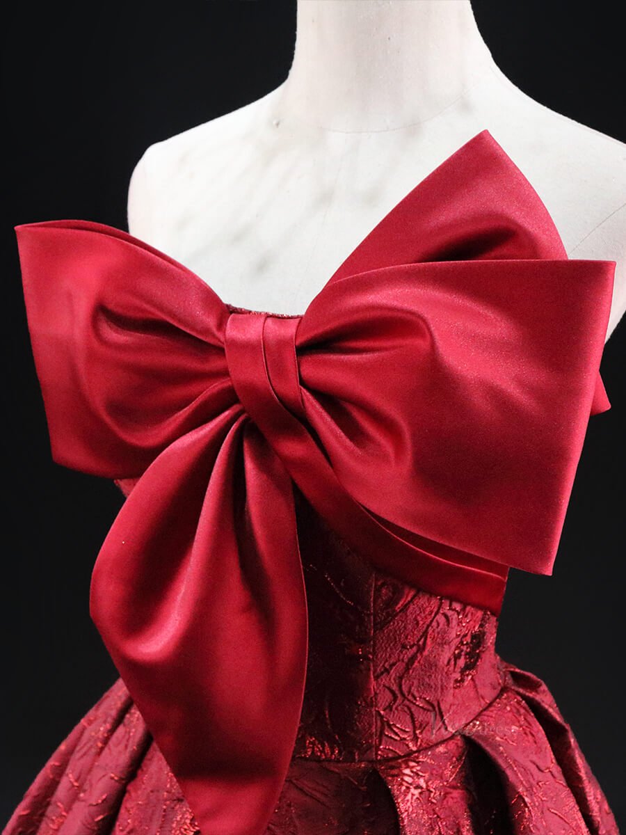 Red Jacquard Prom Dresses with Bow, Corset Back, Strapless Quinceanera – Viniodress