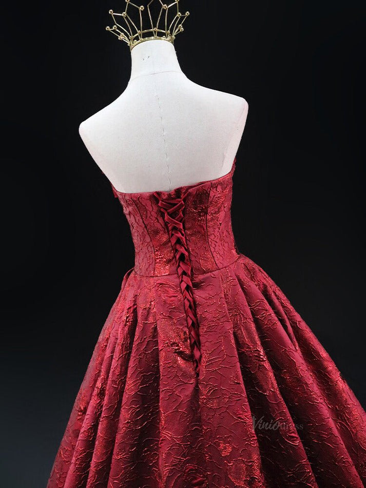 Red Jacquard Prom Dresses with Bow, Corset Back, Strapless Quinceanera – Viniodress