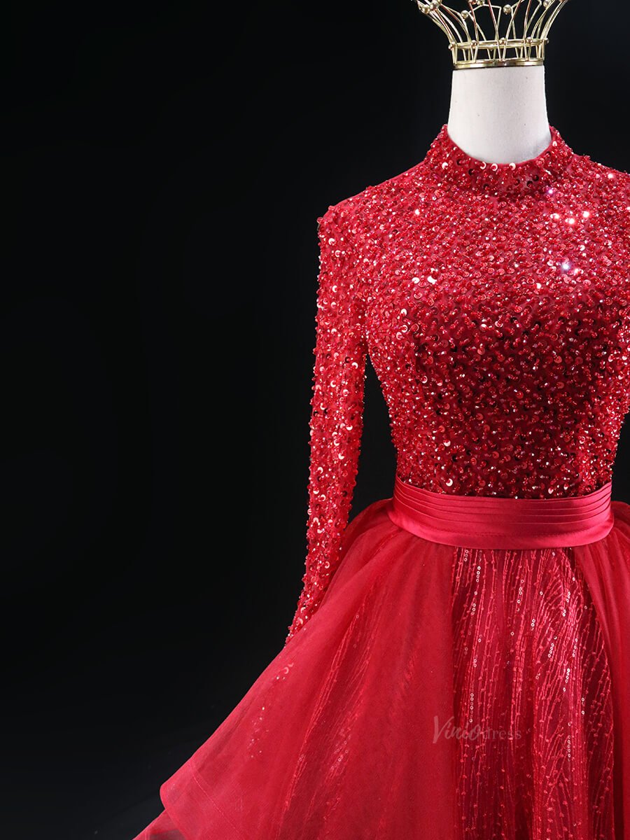 Red Sparkly Prom Dresses with Long Sleeve, Tiered Overskirt, Beaded Bo ...