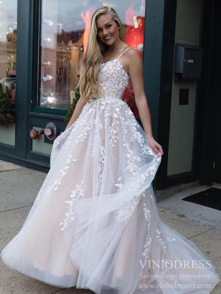 Spaghetti Strap Long Prom Dresses Lace-Up Back FD1265B – Viniodress