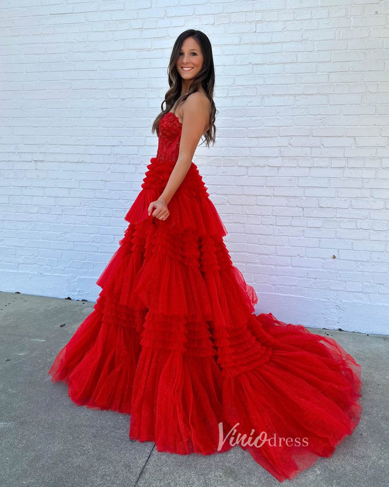 Strapless Shiny Tulle Ruffle Prom Dresses with Slit Pink Tiered Ball G ...