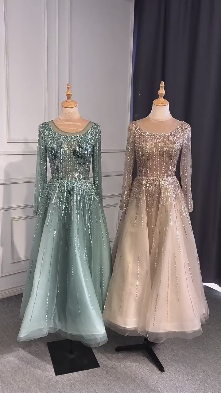 Dusty Blue Beaded Tea Length Evening Dresses Long Sleeve Prom Dress FD ...