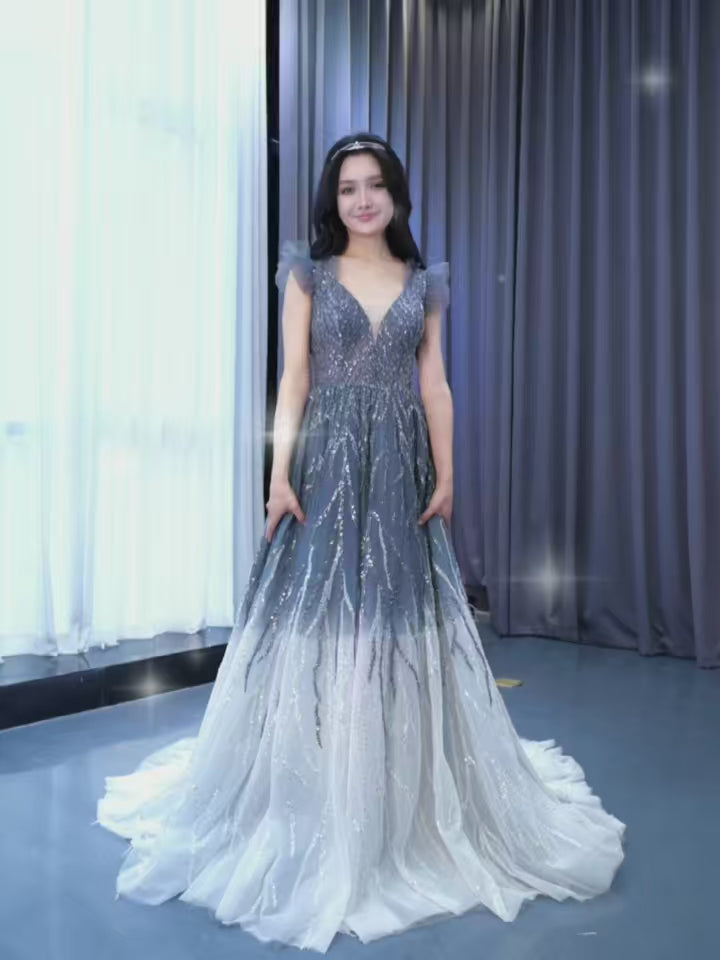 Gradient Grey Prom Dress Beaded V-neck Pageant Dress 222208 – Viniodress