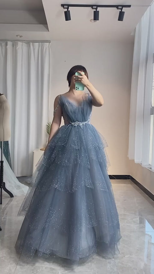 Layered Dusty Blue Formal Dress Tiered Sparkly Tulle Prom Gown FD2495 ...