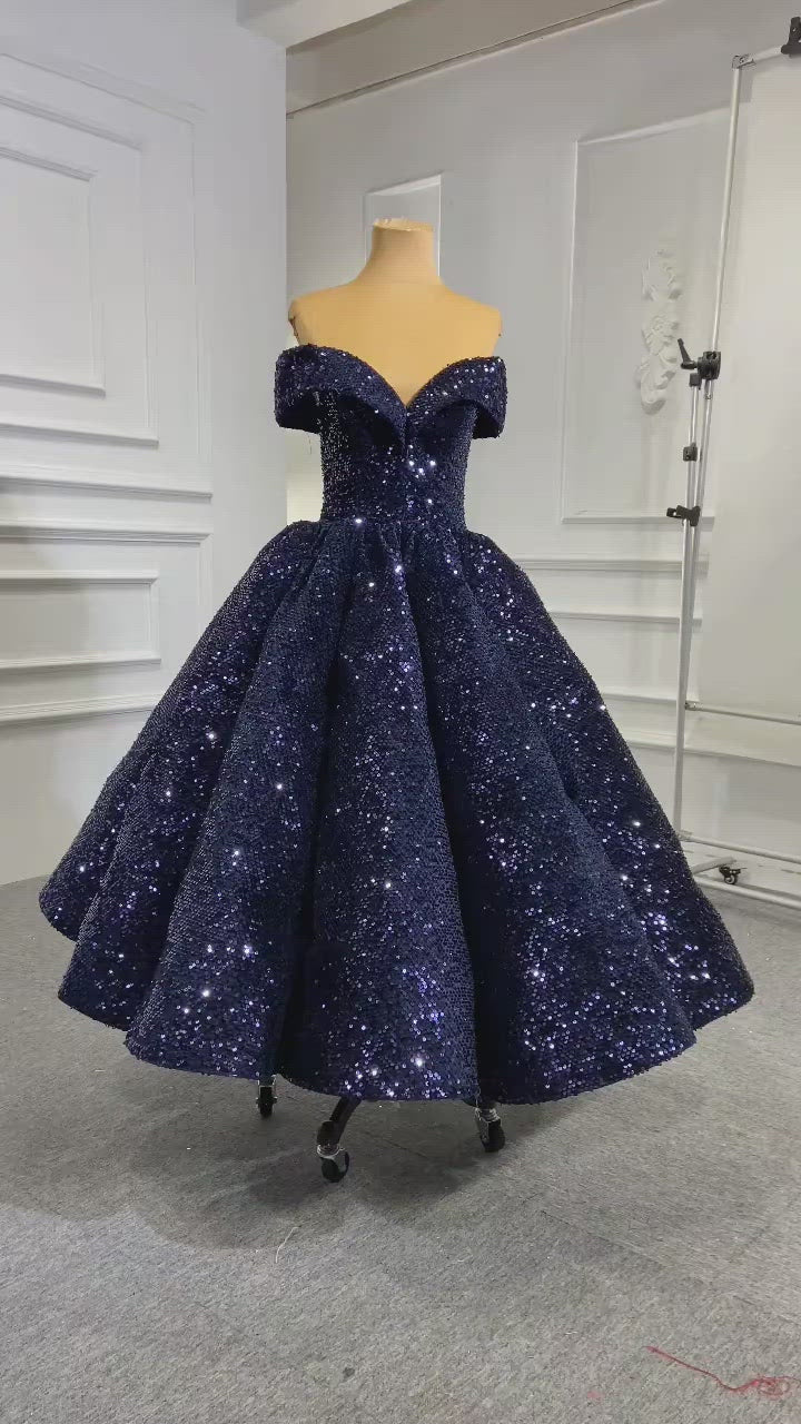 Tea Length Blue Prom Dress Off the Shoulder Formal Gown FD1304 – Viniodress