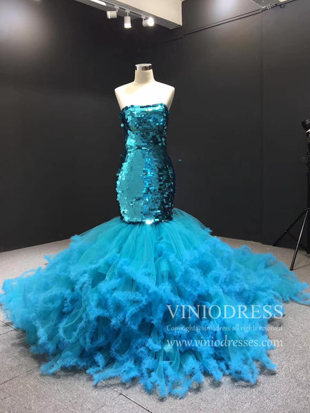 Strapless Aqua Blue Ruffle Mermaid Prom Dresses FD1956 viniodress ...